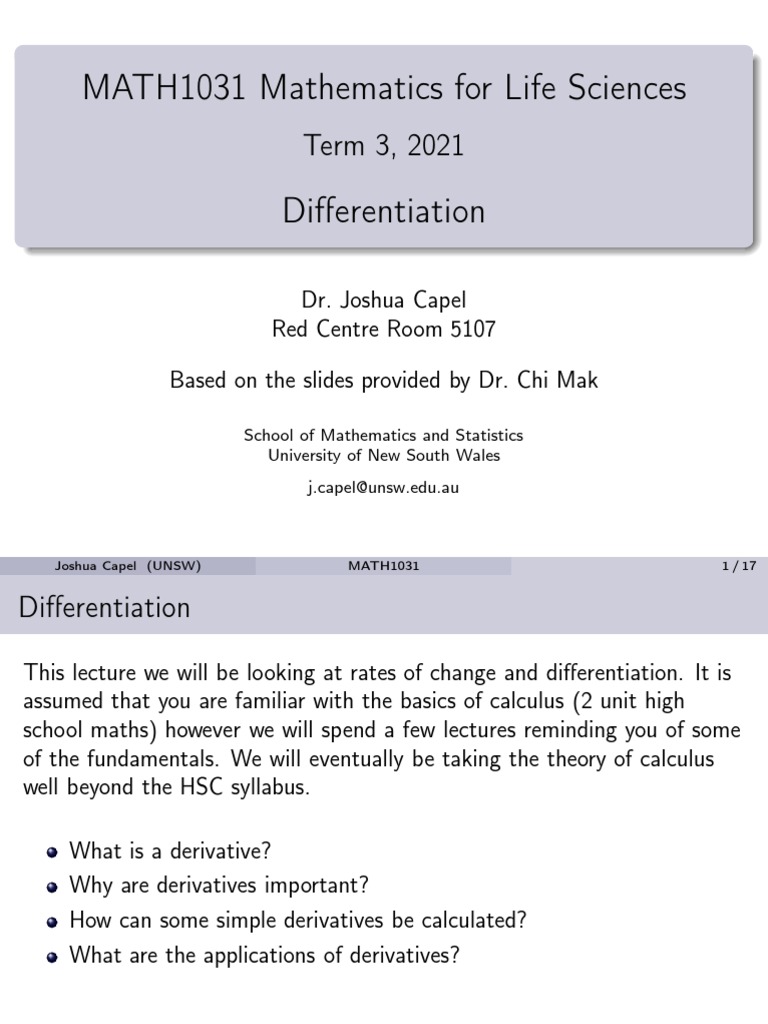 MATH1031 Mathematics For Life Sciences: Term 3, 2021 | PDF | Derivative ...