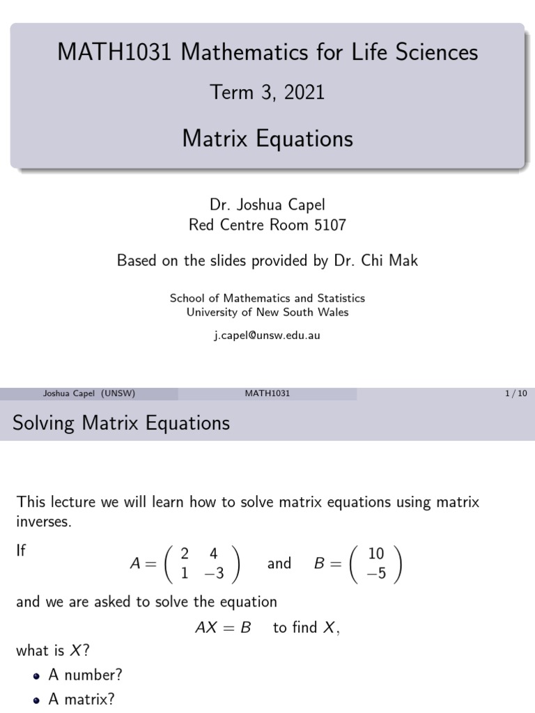 MATH1031 Mathematics For Life Sciences: Term 3, 2021 | PDF | Matrix ...