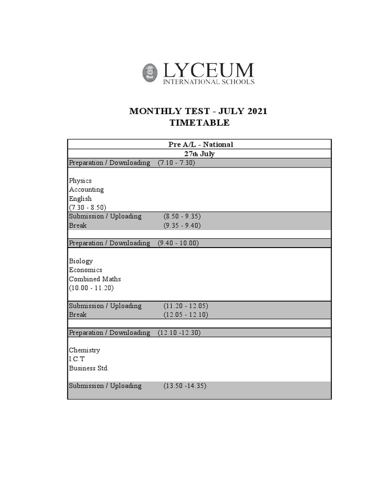 Monthly Test - July 2021 Timetable: Pre A/L - National 27 July | PDF