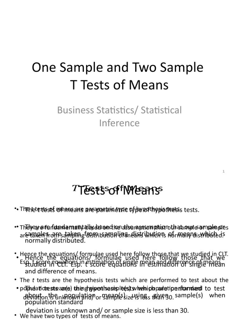 One Sample and Two Sample T Tests of Means: Business Statistics ...