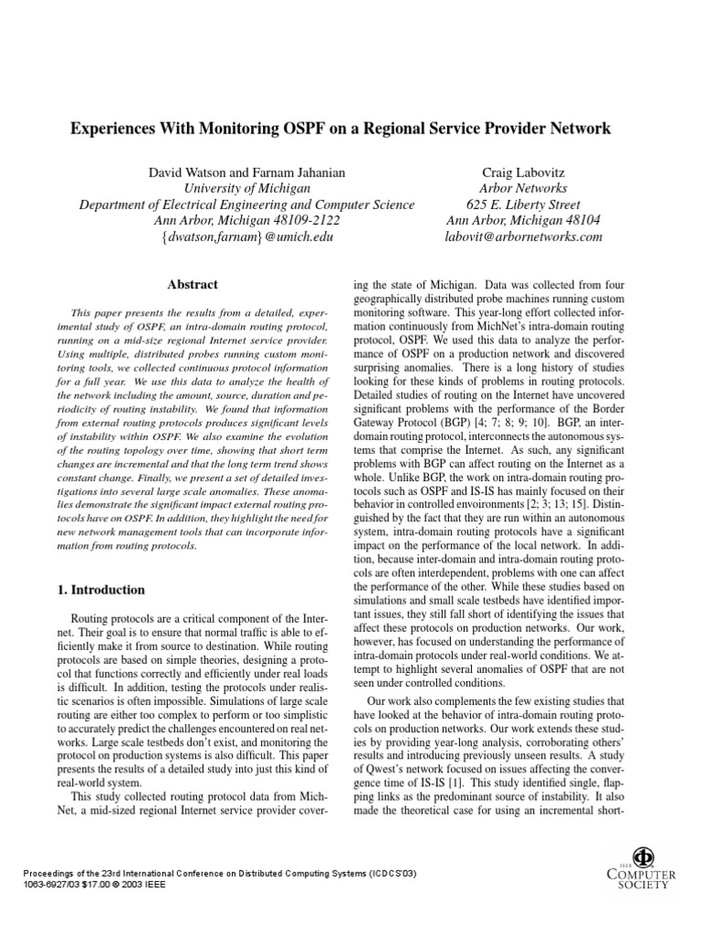 Experiences With Monitoring OSPF On A Regional Service Provider Network | PDF | Routing ...