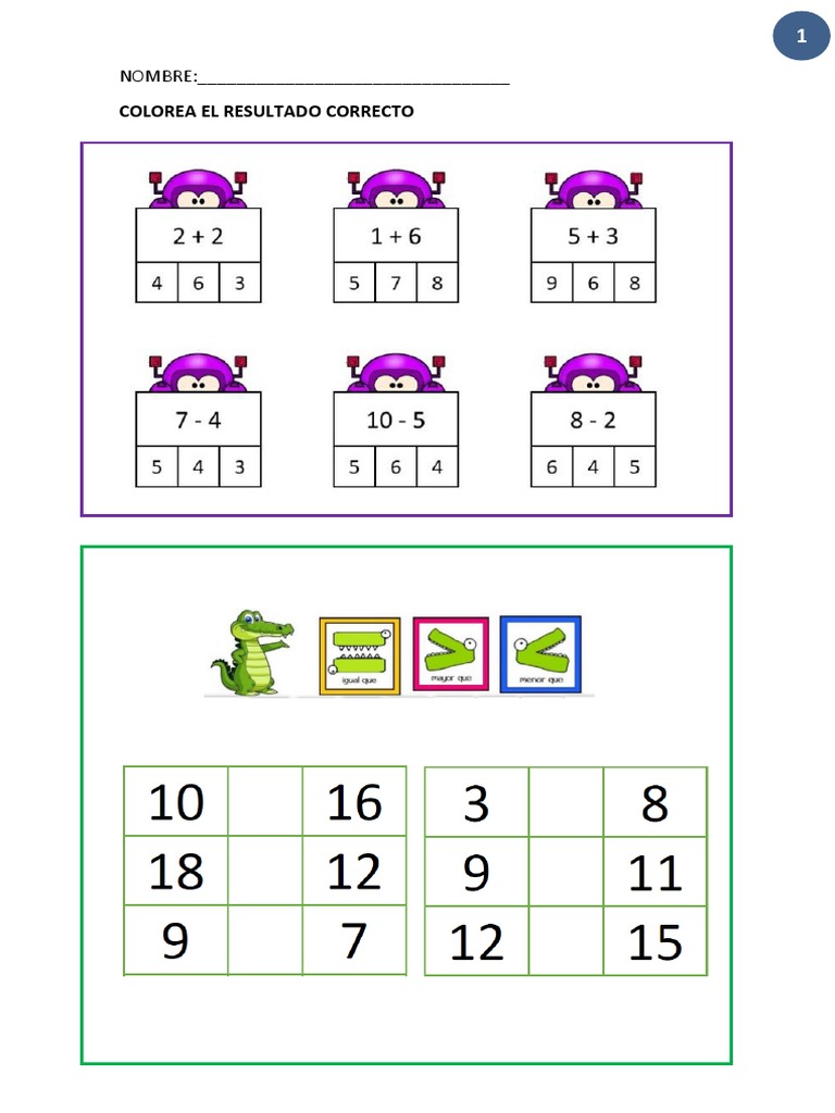 Mate Sumas Restas y Mayor y Menor | PDF