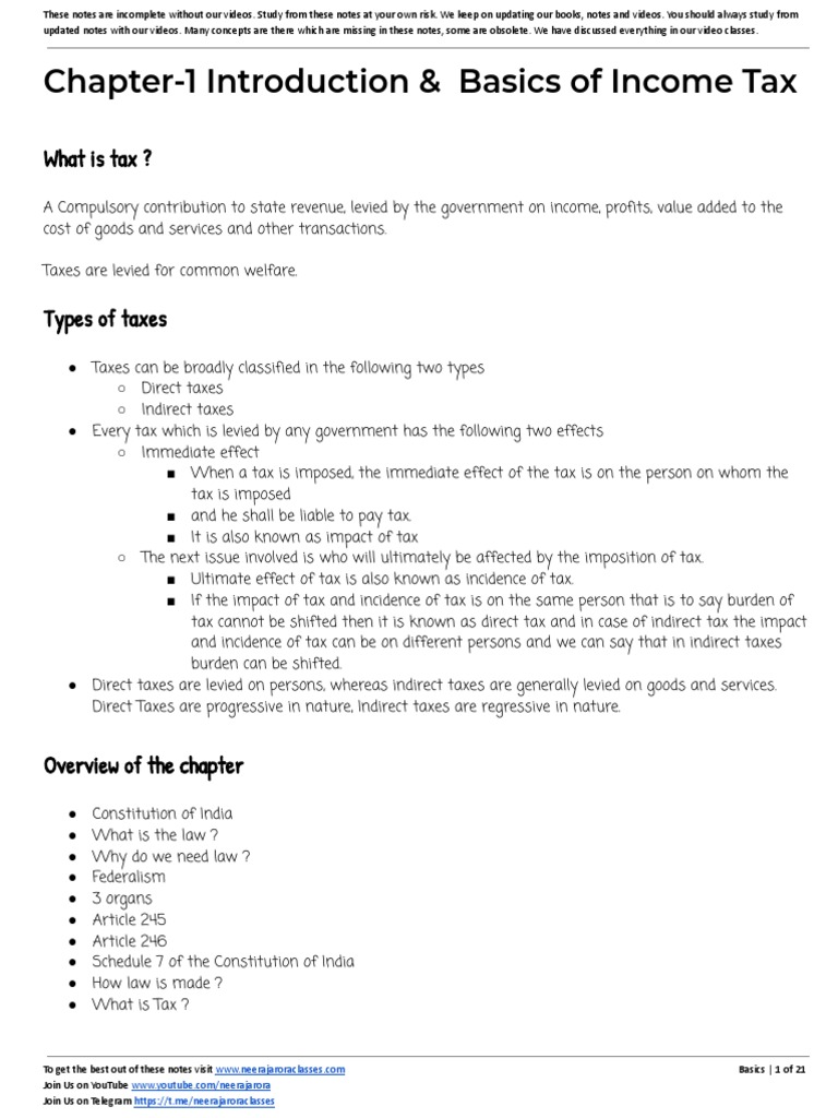 Chapter-1 Introduction & Basics of Income Tax | PDF | Taxes | Indirect Tax
