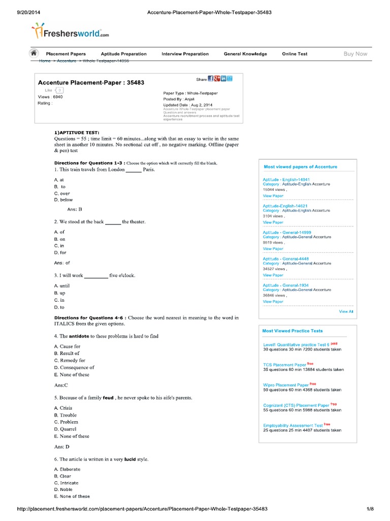 Accenture Placement Paper Whole Testpaper 35483 | PDF