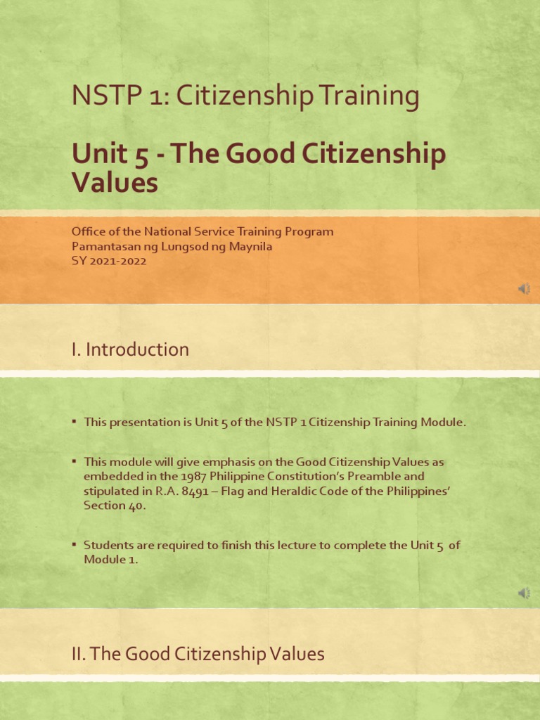 1 PLM - NSTP 1 - Unit 5 - The Good Citizenship Values SY 2021-2022 ...