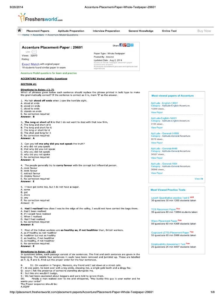 Accenture Placement Paper Whole Testpaper 29601 | PDF