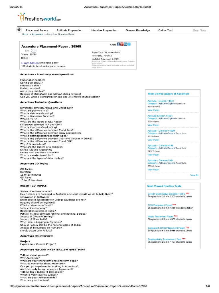 Accenture Placement Paper Question Bank 36968 | PDF