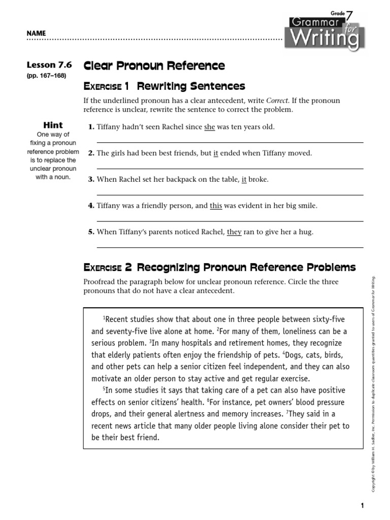 Clear Pronoun Reference: E 1 Rewriting Sentences | PDF | Pronoun | Grammar