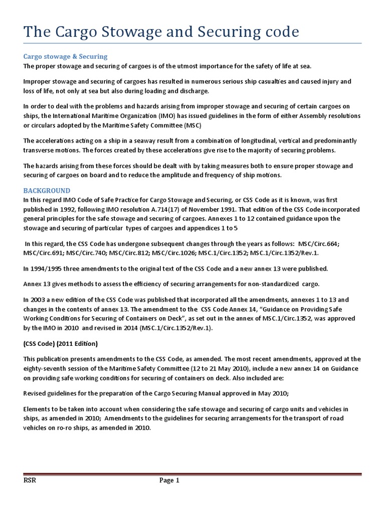 CSS Code for Cargo Stowage Safety | PDF | Cargo | Ships