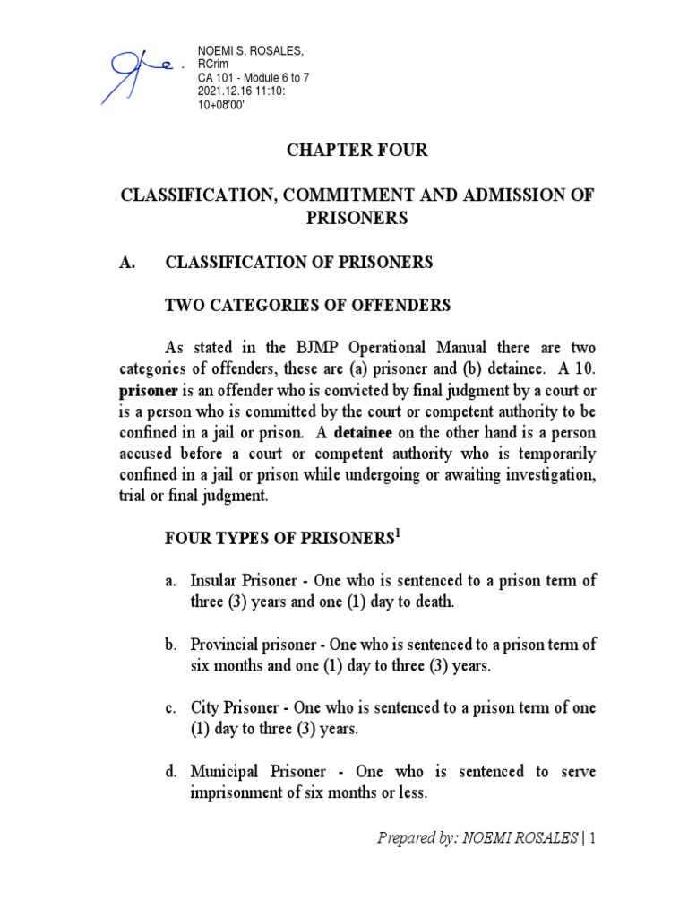 Chapter Four Classification, Commitment and Admission of Prisoners ...