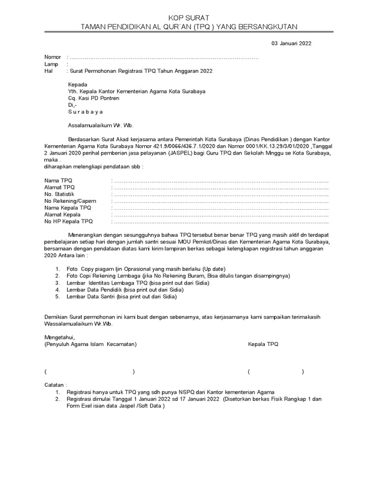 Form Registrasi TPQ 2022 | PDF