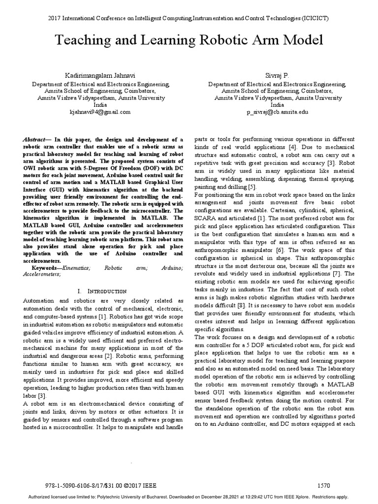 Teaching and Learning Robotic Arm Model | PDF | Robotics | Robot