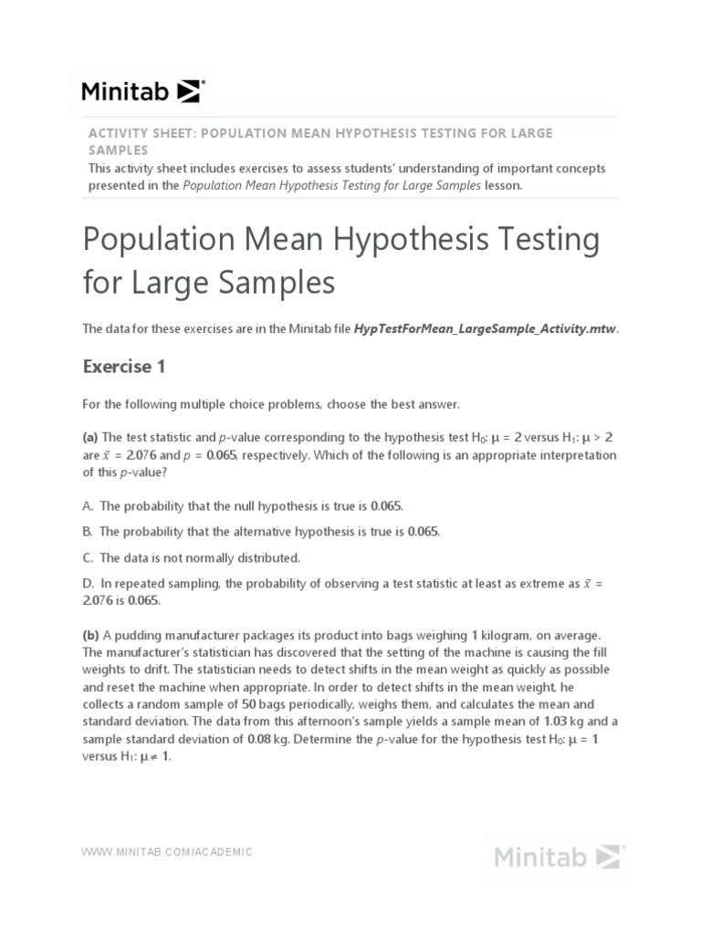 Population Mean Hypothesis Testing For Large Samples: Exercise 1 | PDF ...