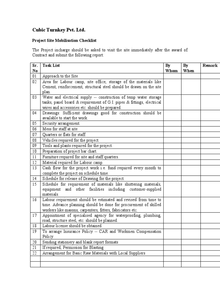 Cubic Turnkey Pvt. LTD.: Project Site Mobilisation Checklist | PDF
