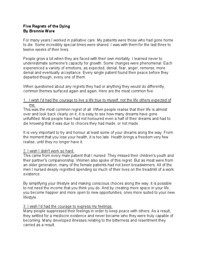 Five Regrets of The Dying | PDF | Human Nature | Psychological Concepts