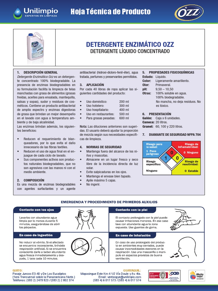 Hoja Tecnica Detergente Enzimatico Ozz | PDF | Detergente | Agua