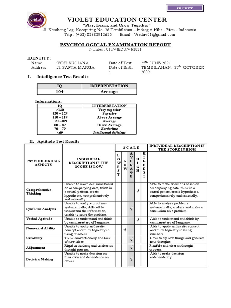 Psychological Examination Report | PDF | Intelligence Quotient ...