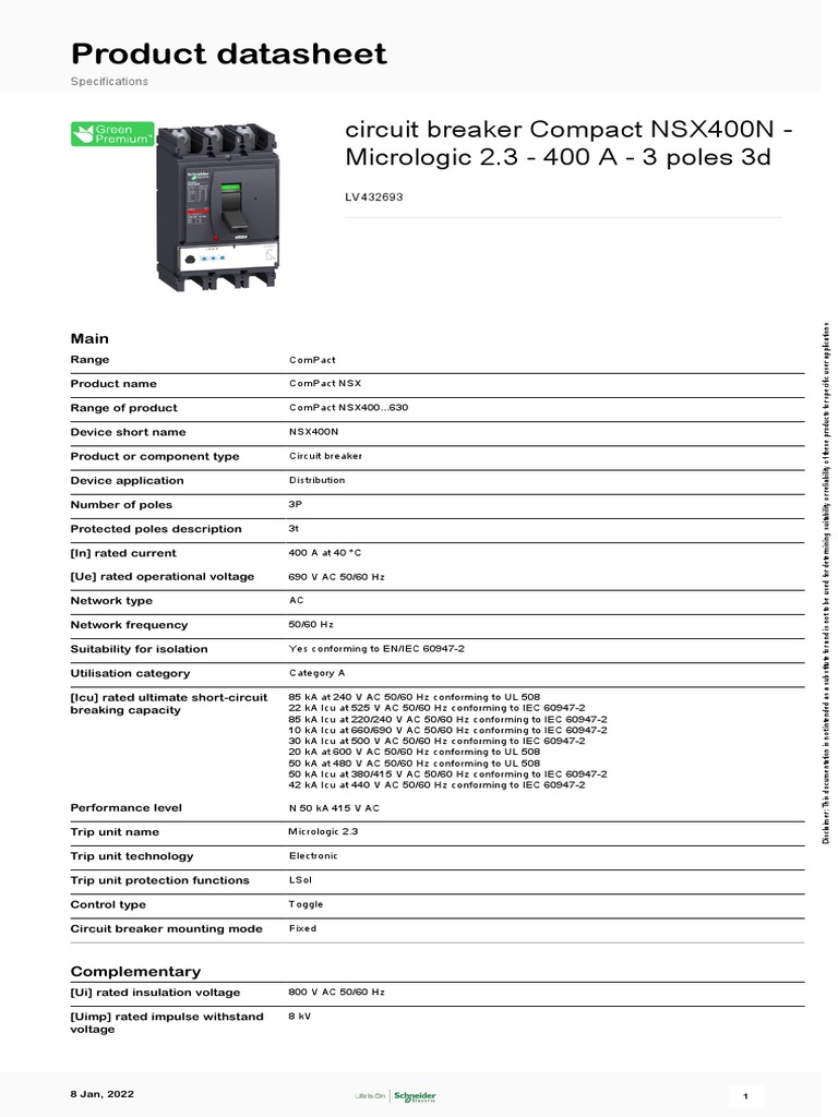Product Datasheet: Circuit Breaker Compact NSX400N - Micrologic 2.3 ...