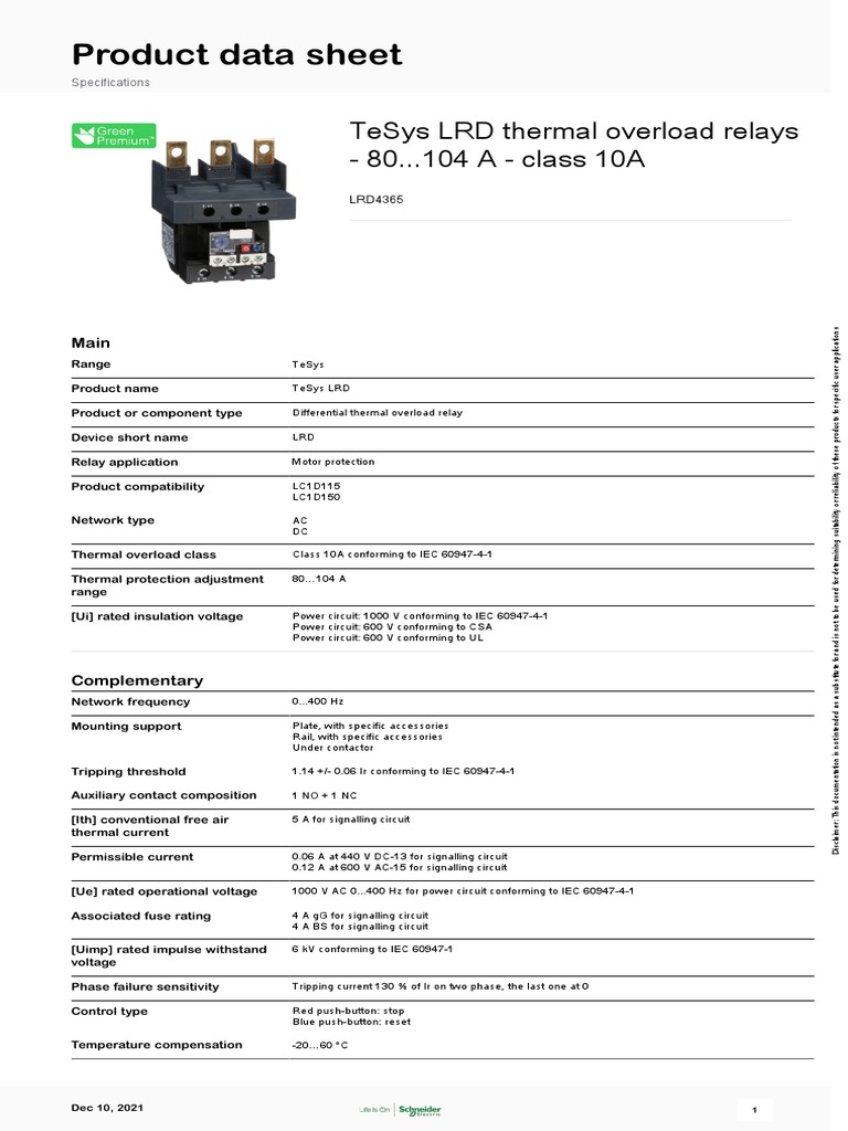 Product Data Sheet: Tesys LRD Thermal Overload Relays - 80... 104 A ...