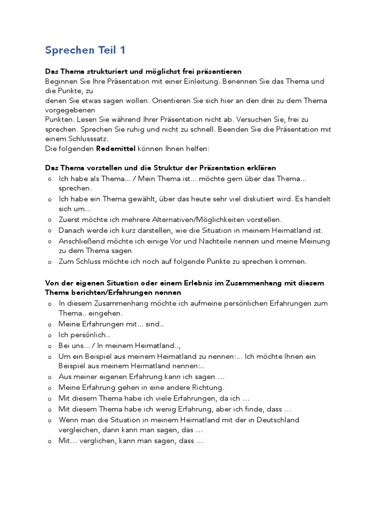 Goethe-Zertifikat B2 Sprechen Redemittel | PDF