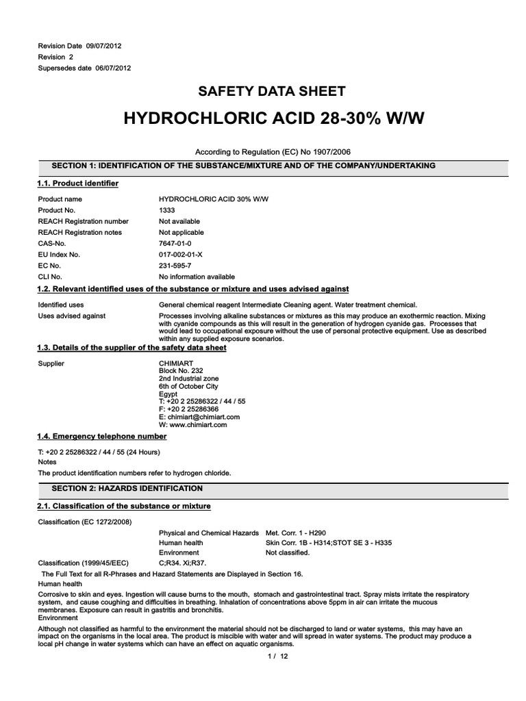 MSDS - Hydrochloric Acid 28-30% | PDF | Waste Management | Soil
