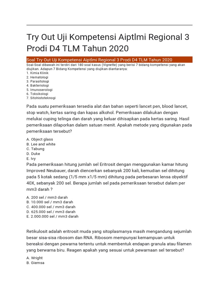 Try Out Uji Kompetensi Aiptlmi Regional 3 Prodi D4 TLM Tahun 2020 | PDF | Kesehatan Holistik ...
