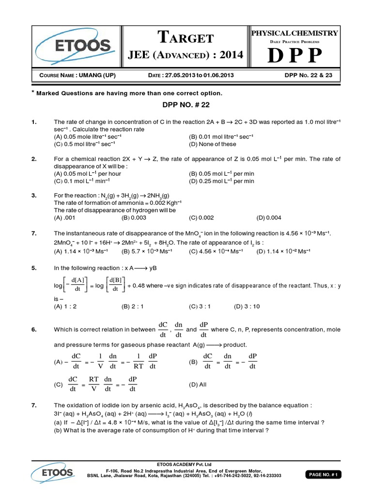 JH PC Chemical Kinetics DPP 22 To 34 | PDF | Reaction Rate | Reaction Rate Constant