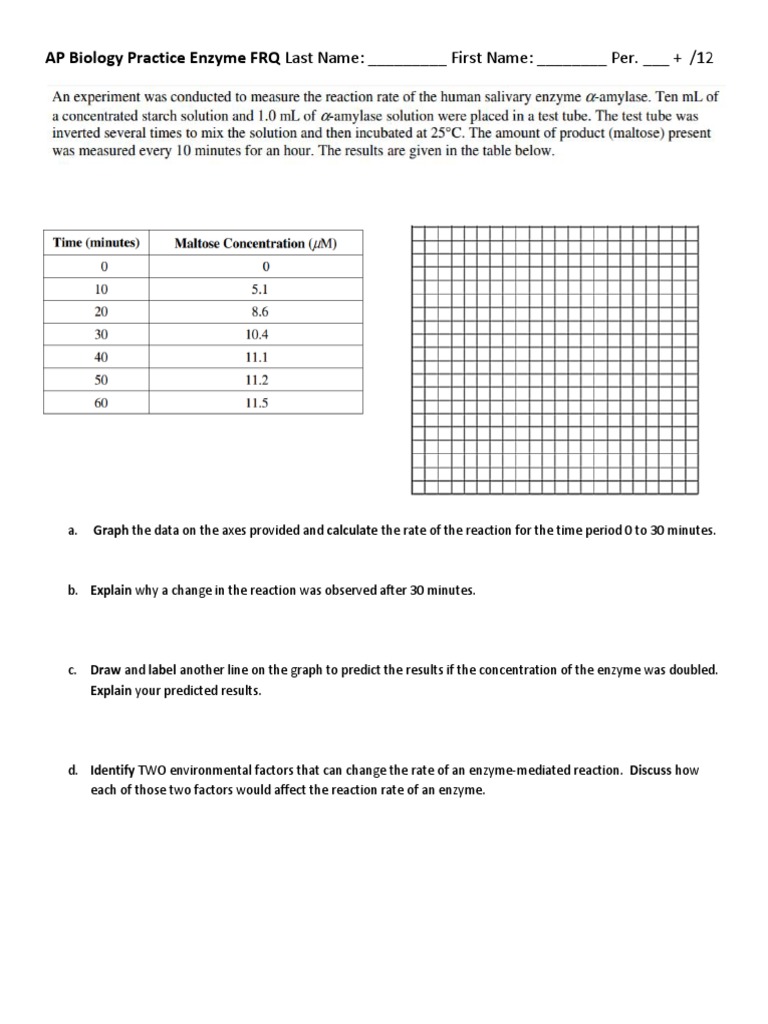 AP Biology Practice Enzyme FRQ Last Name: - First Name: - Per. - + /12 ...