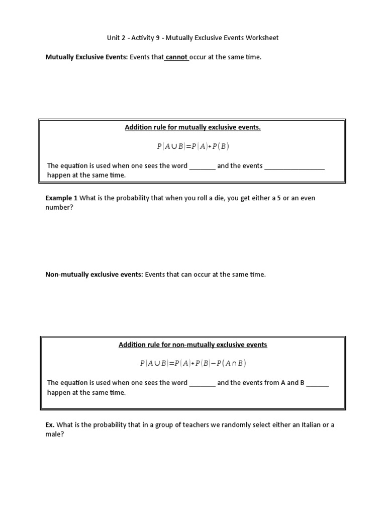 Unit 2 - Activity 9 - Mutually Exclusive Events Worksheet | PDF ...