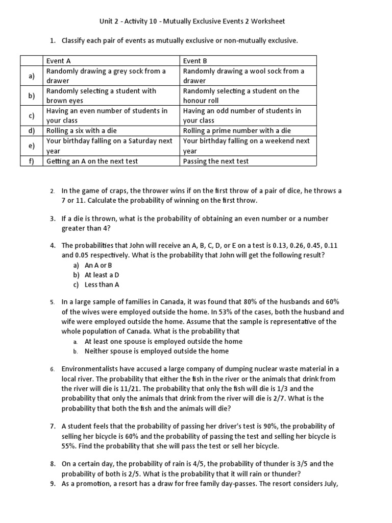 Unit 2 - Activity 10 - Mutually Exclusive Events 2 Worksheet | PDF ...