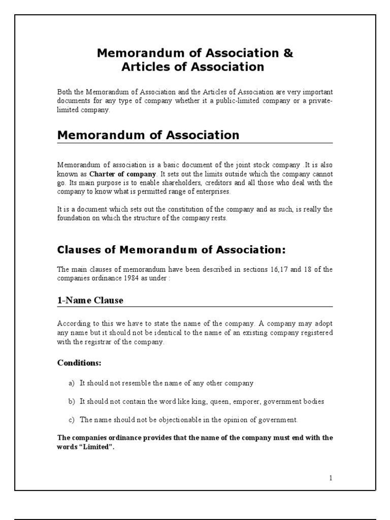 Memorandum Of Association Pdf Articles Of Association Board Of