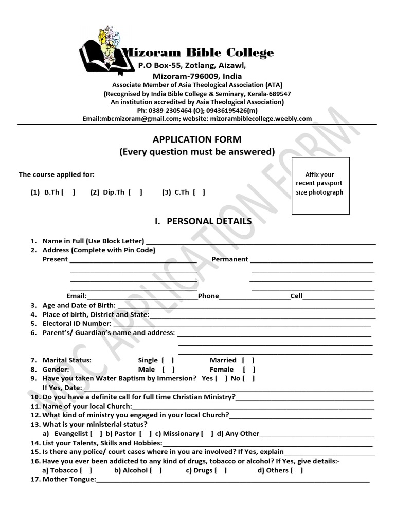 Mizoram Bible College: Application Form (Every Question Must Be ...