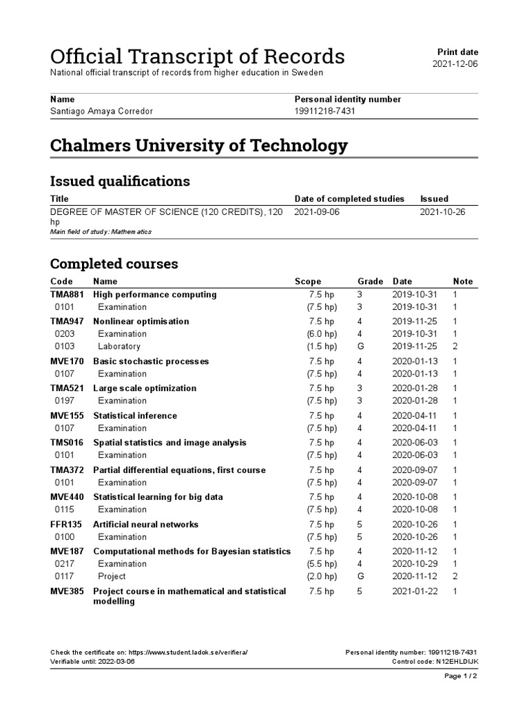 Official Transcript of Records: Chalmers University of Technology | PDF | Statistics ...