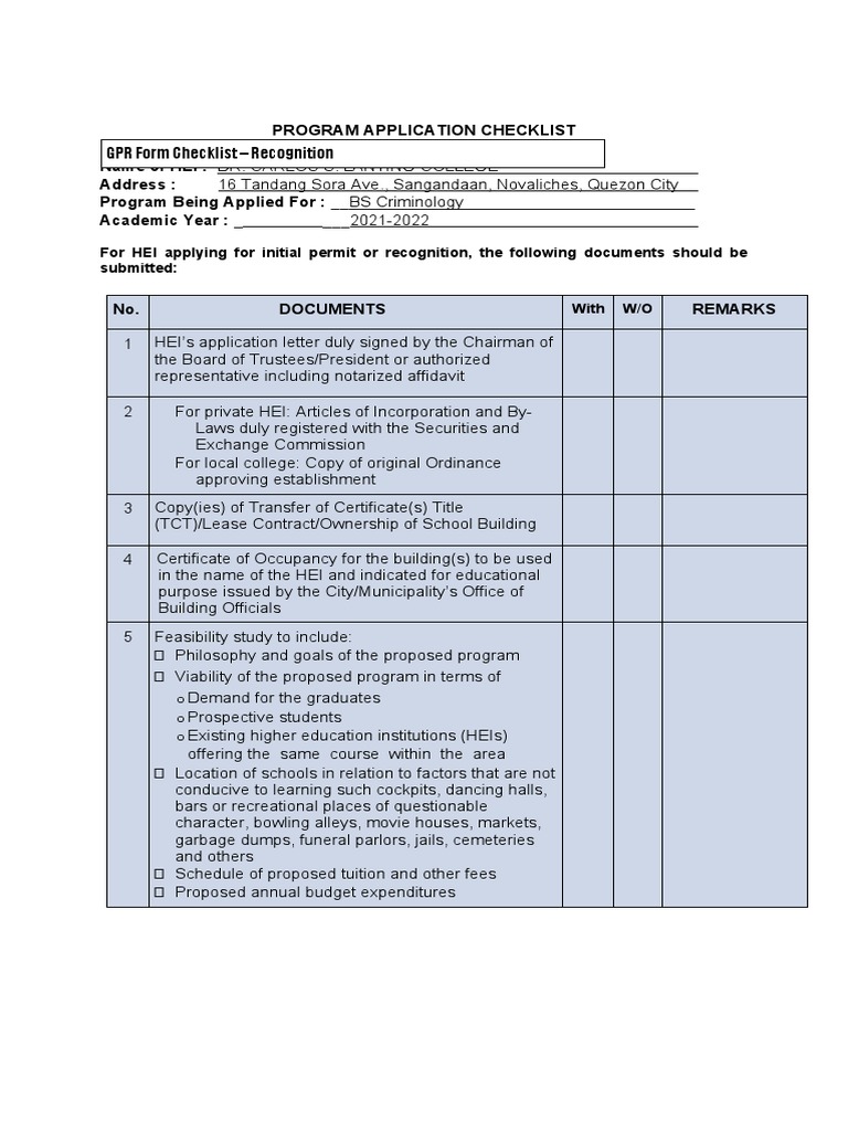 For HEI Applying For Initial Permit or Recognition, The Following ...
