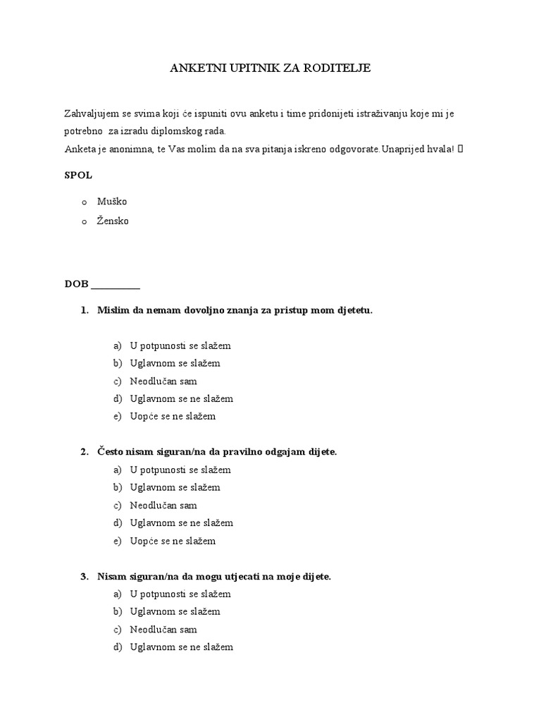 Anketni Upitnik Za Roditelje | PDF