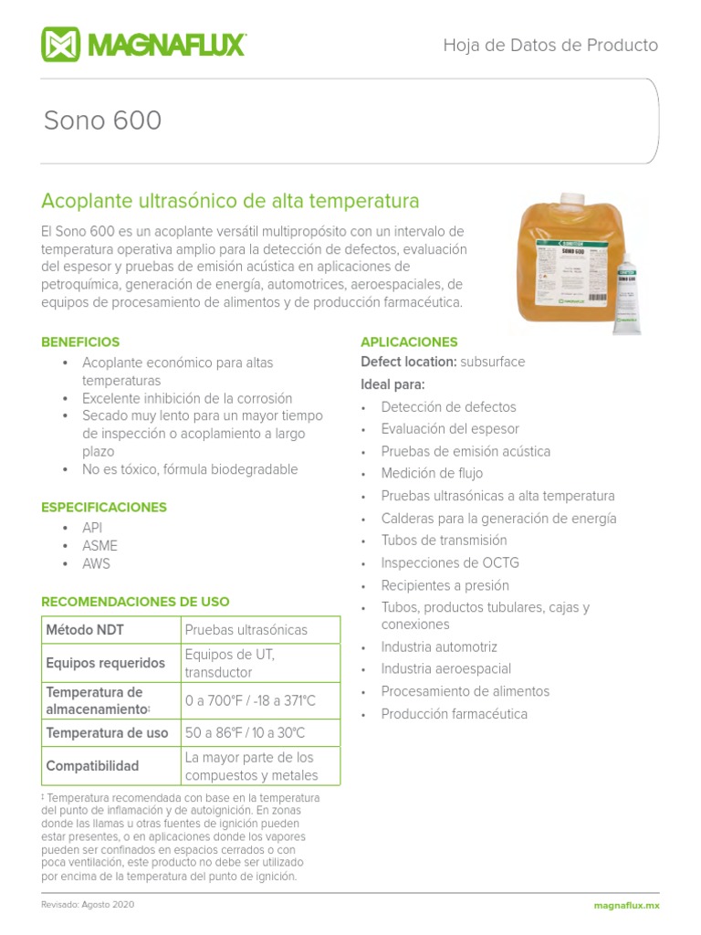Sono 600 - Product Data Sheet - Espanol | PDF | Ultrasonido | Temperatura
