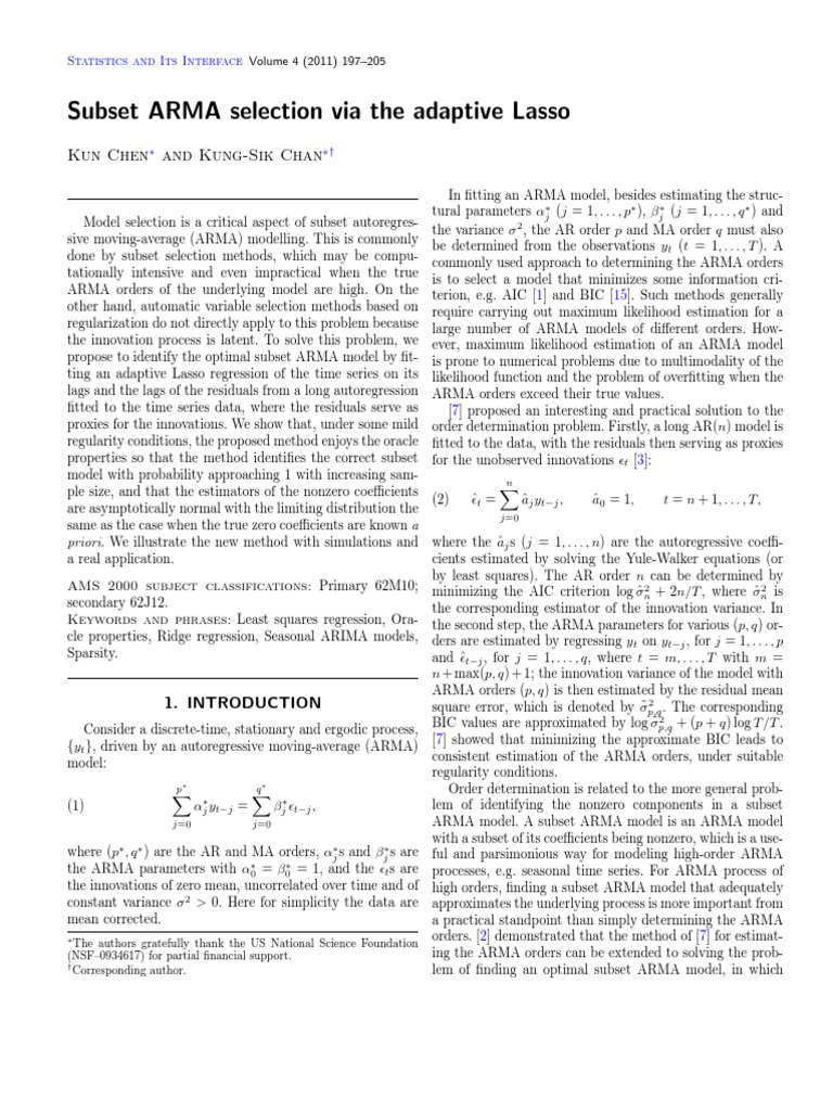 An Accurate Title: Adaptive Lasso for Identifying the Optimal Subset Autoregressive Moving ...