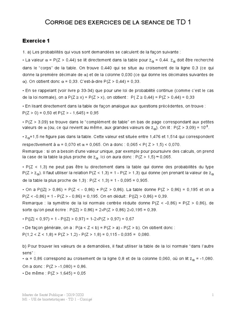 TD1 Corrige | PDF | Loi normale | Théorie statistique