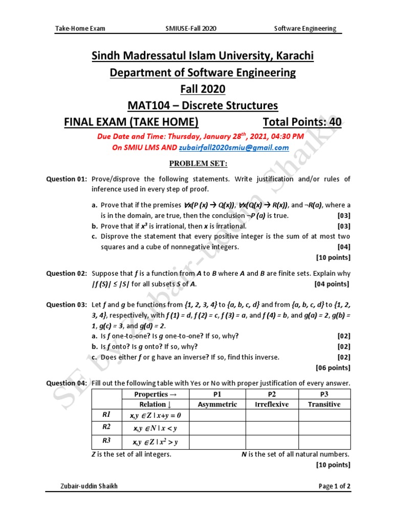 Discrete Structures Final Exam | PDF | Function (Mathematics ...