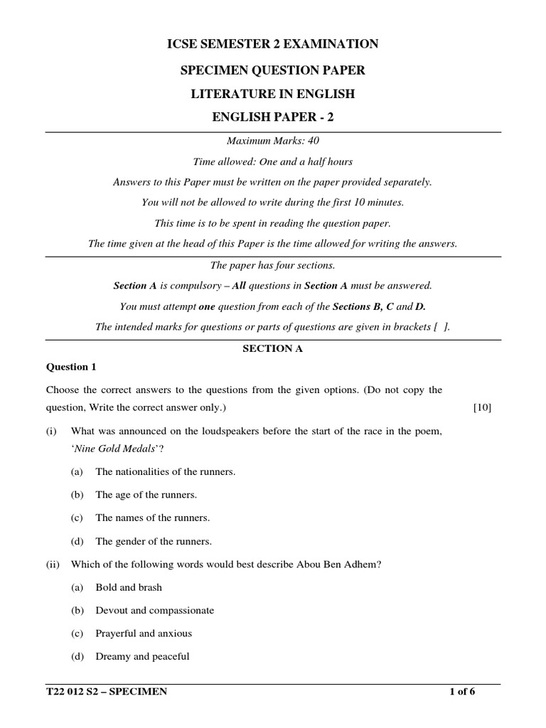 ICSE English Literature Specimen Paper | PDF | The Merchant Of Venice