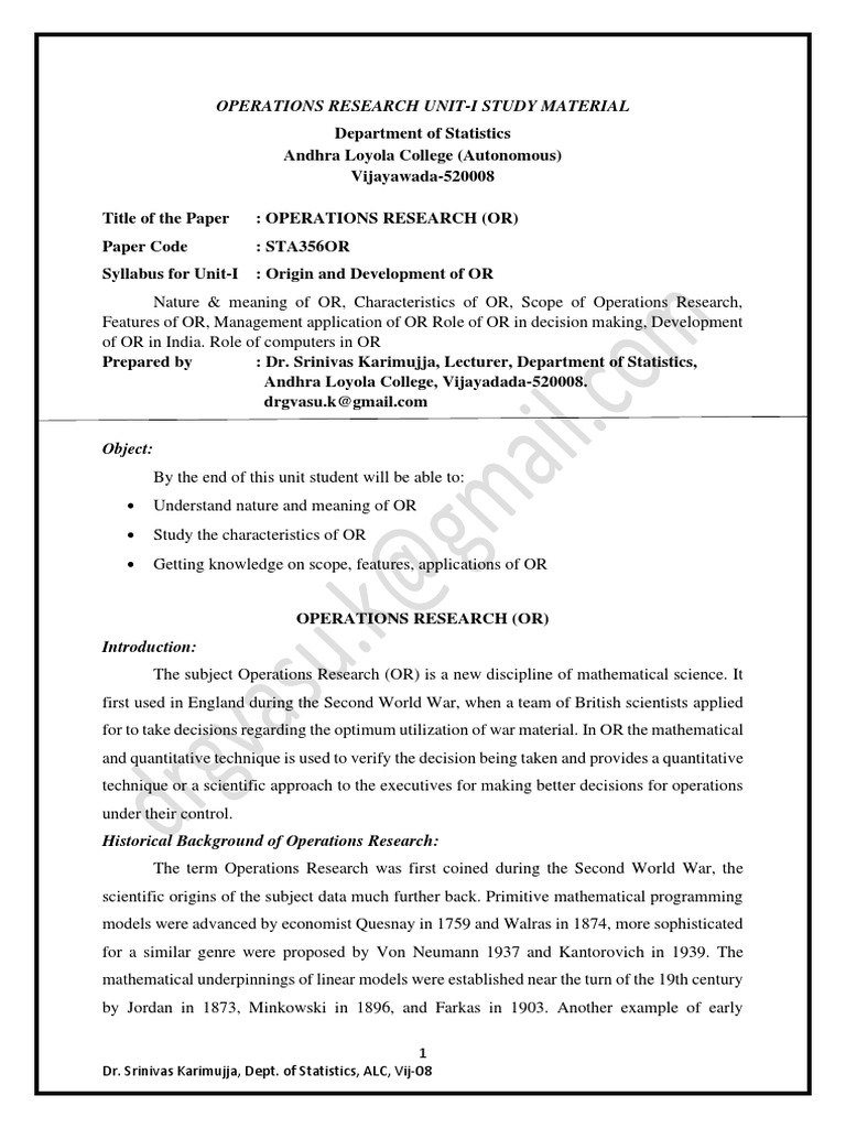 Unit.1 Operations Research Notes (By Dr. Ksrinivas) | PDF | Numerical ...