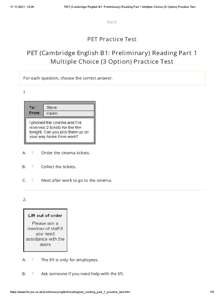 PET (Cambridge Rnglish B1 - Prelimiinary) Reading Part 1 Multiple ...