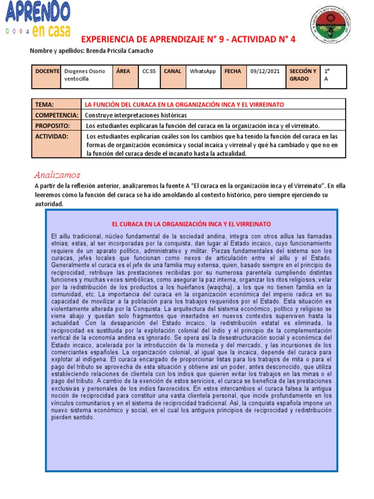 A Exp 9 - Act 4 CC - Ss - La Función Del Curaca en La Organización Inca ...