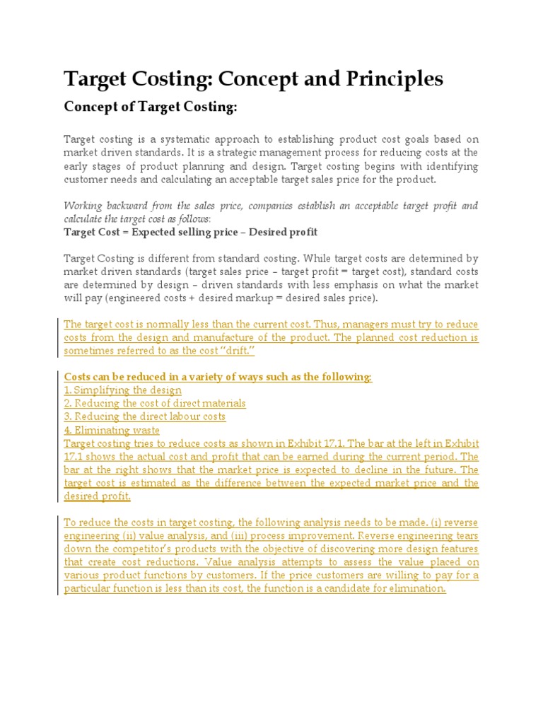 Target Costing: Concept and Principles | PDF | Sales | Prices