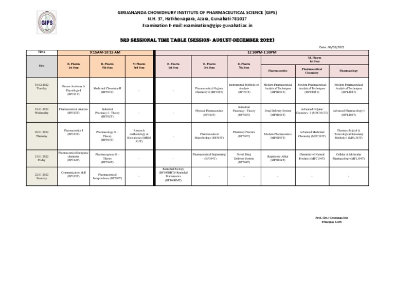 3rd Sessional Time Table | PDF | Pharmacology | Pharmacy