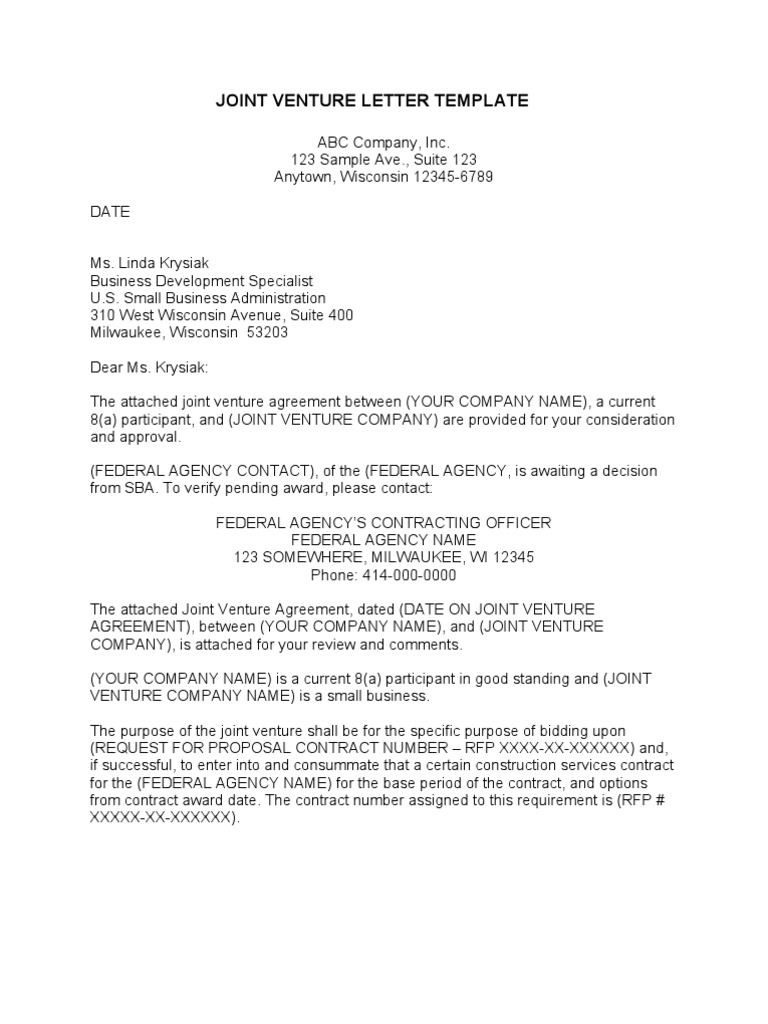 Joint Venture Letter Template | PDF | Joint Venture | Government