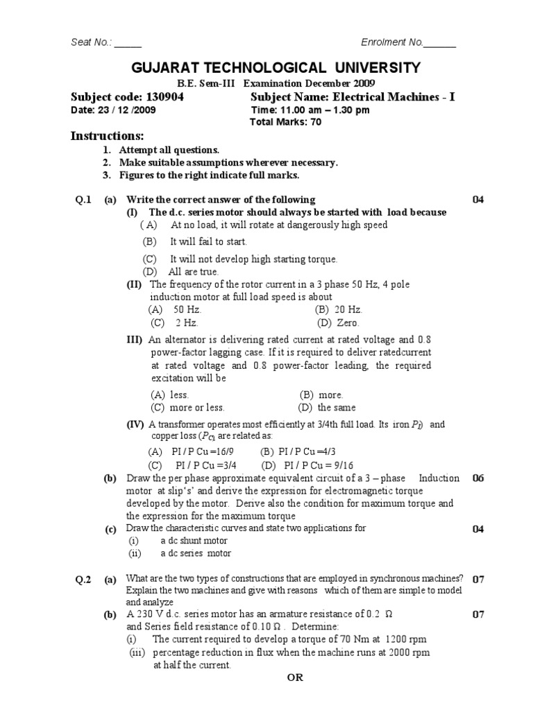 130904-3 gtu 3rd sem paper | Electric Motor | Transformer