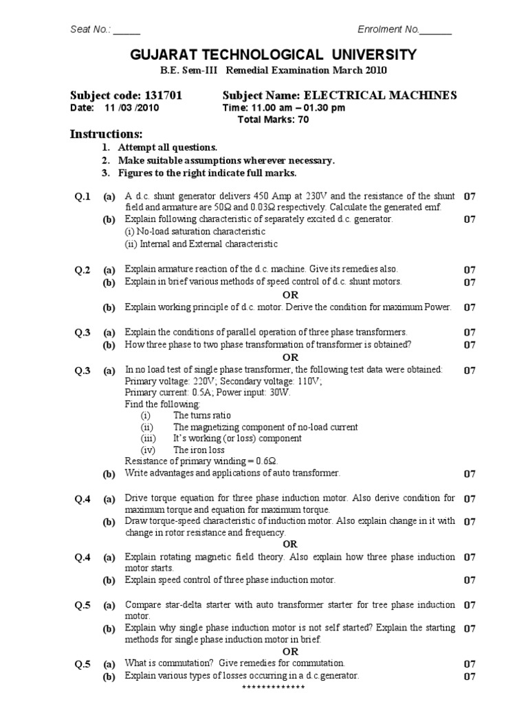 131701-1 gtu 3rd sem paper | Electric Motor | Electromagnetic Induction