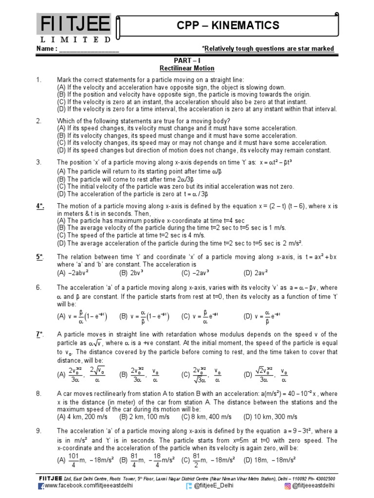 Kinematics Sheet Nim | PDF | Acceleration | Velocity