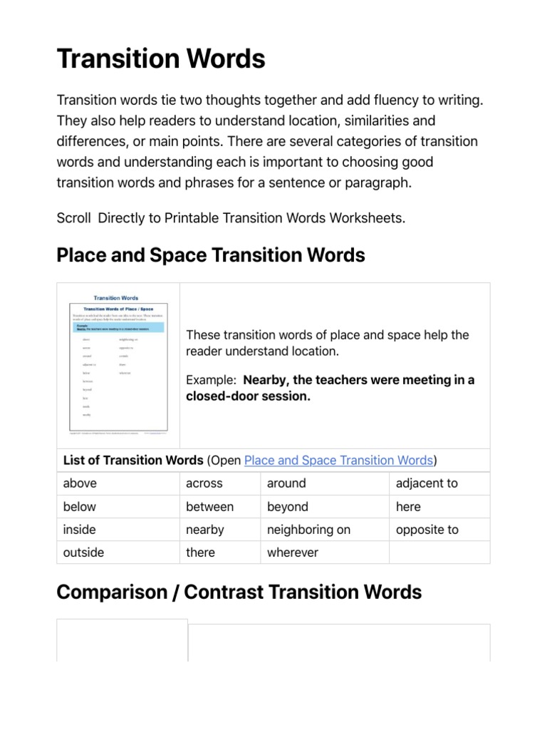 Transition Words - Resources & Worksheets - K12Reader | PDF | Cognition